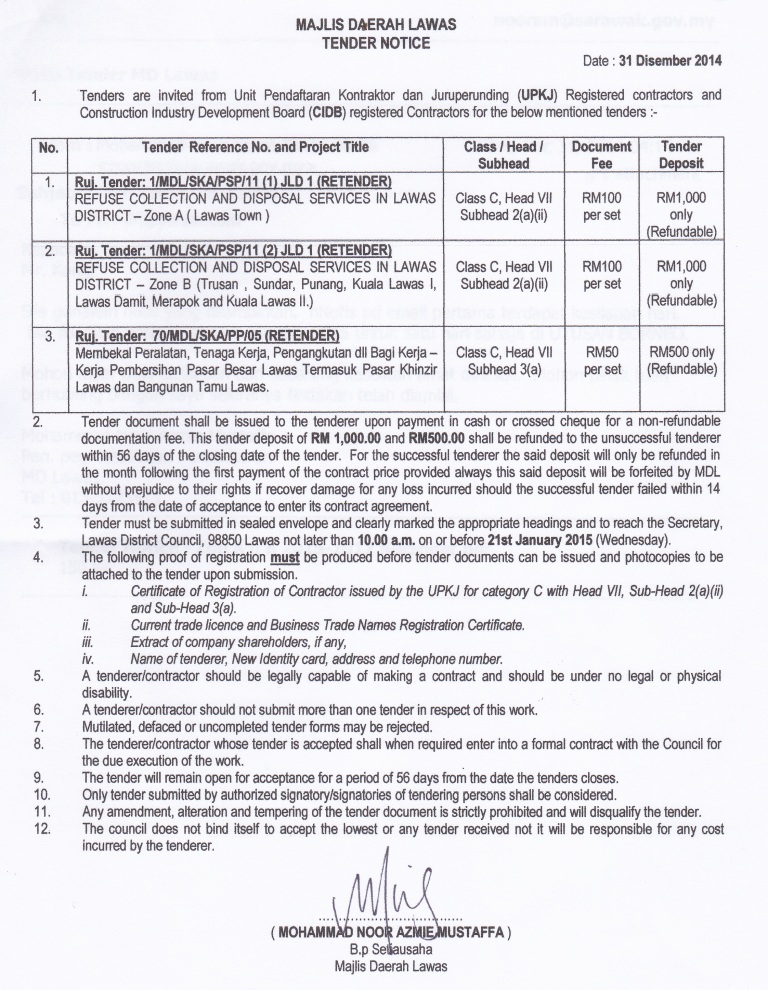 NOTIS TENDER SEMULA - Laman Web Rasmi Majlis Daerah Lawas